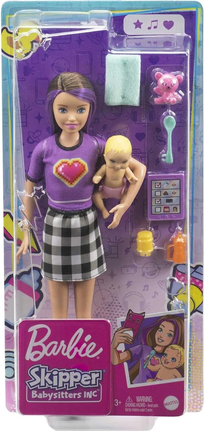 Barbie Skipper Babysitters, Inc Set with 9-in Brunette Skipper Doll ...