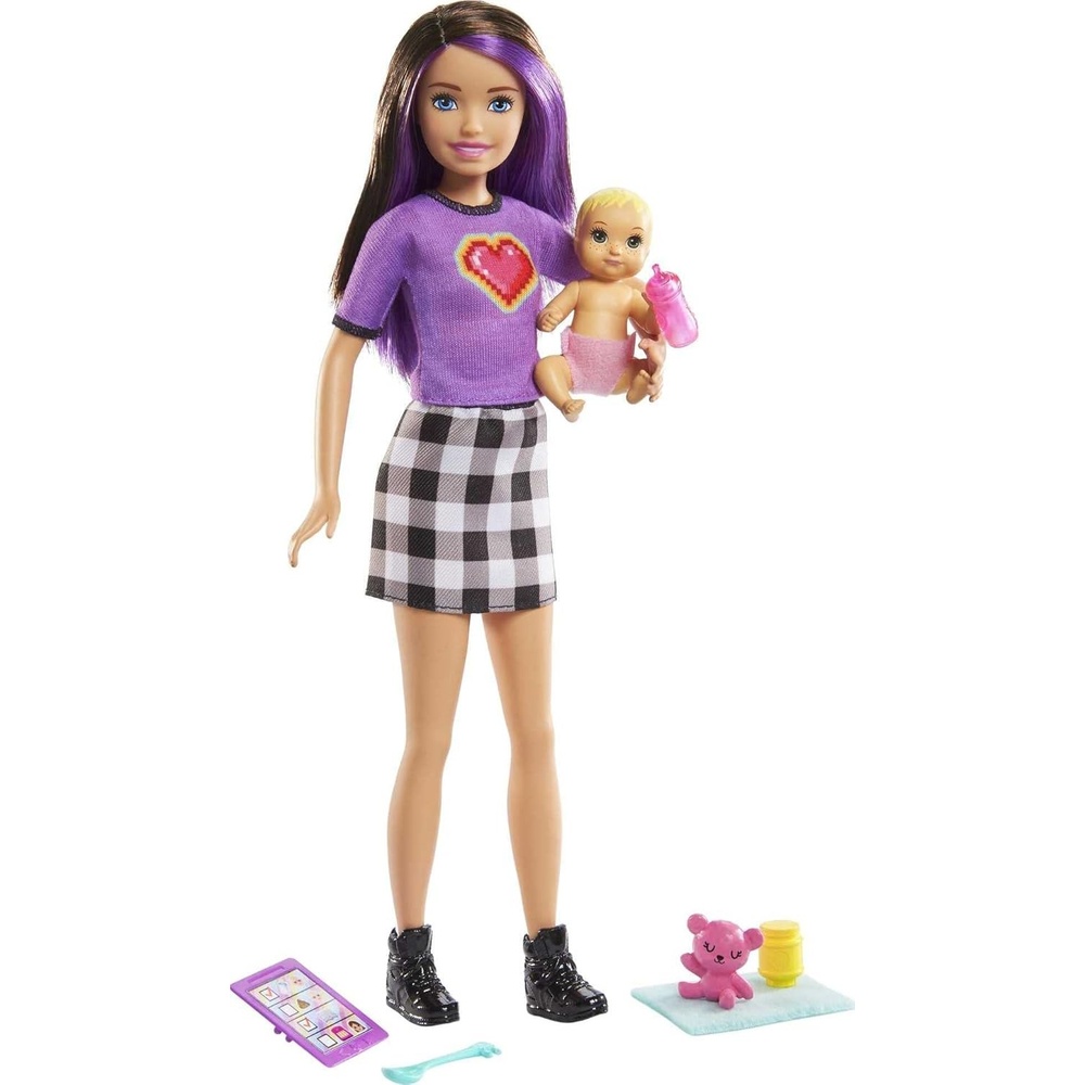 Barbie Skipper Babysitters, Inc Set with 9-in Brunette Skipper Doll ...